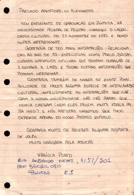 [Carta de Fabíola Porto a Escola de Artes Visuais solicitando ...